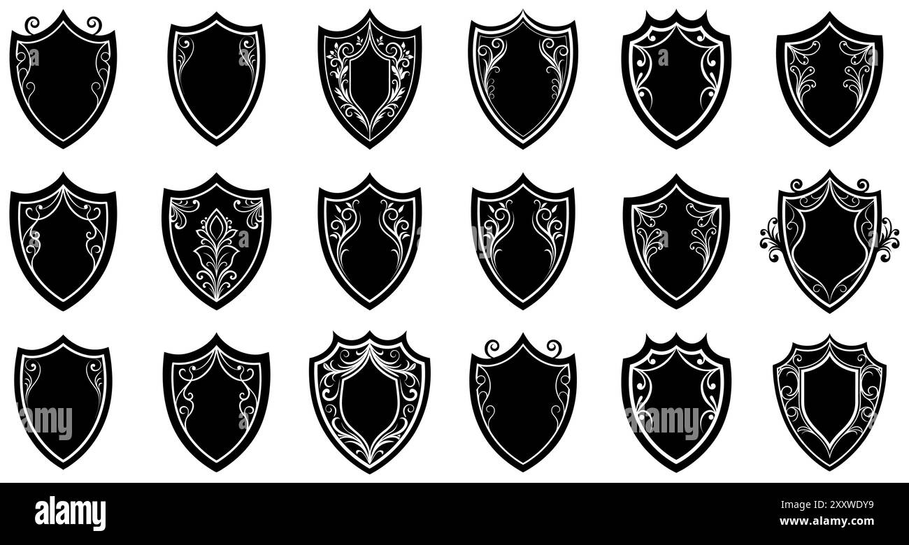 Shield icons set. Various black ornamental shields in flat graphic ...