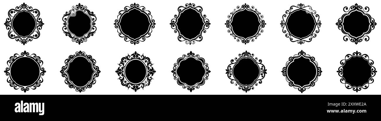 Set of abstract round frames. Various black ornate frame isolated on ...