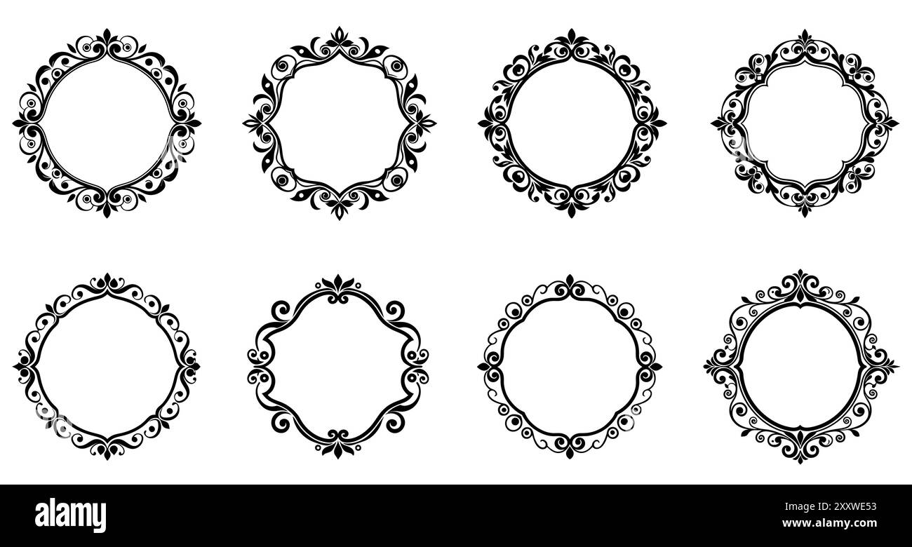 Set of abstract round frames. Various black ornate frame isolated on ...