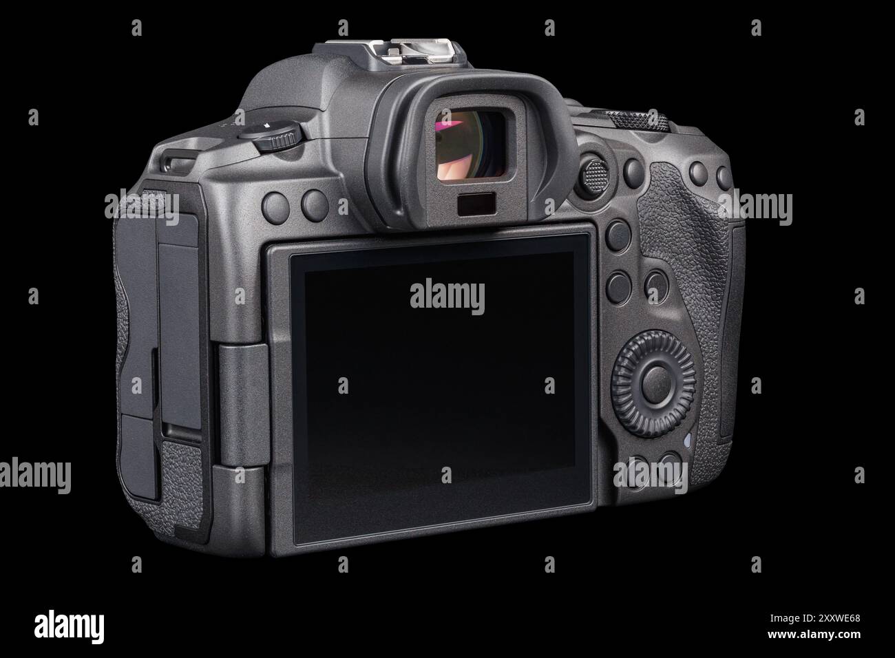 black professional mirrorless camera body isolated on black background ...