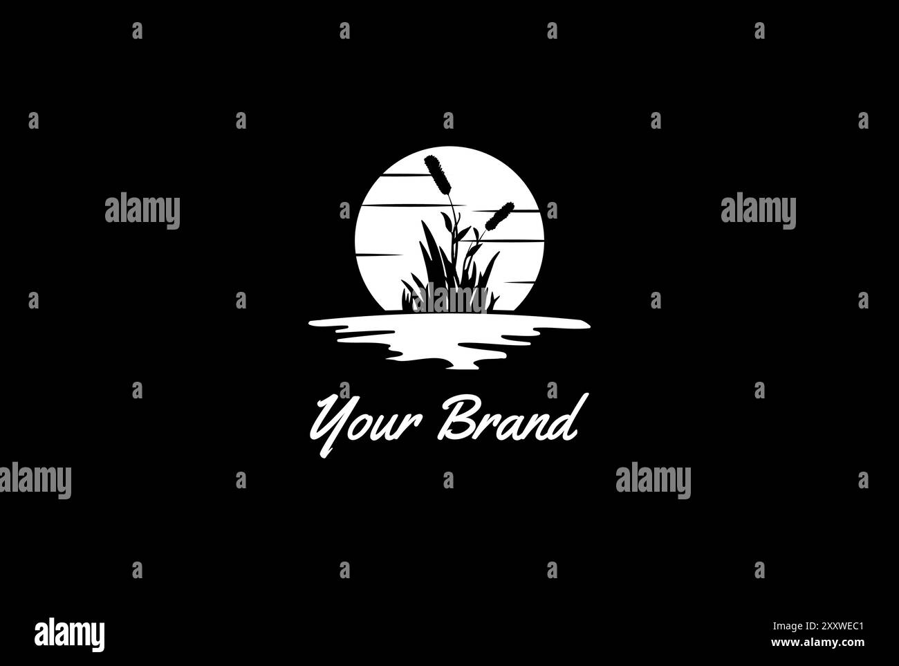 Sunset Sunrise Moon Grass Cattails Reed River Lake Creek Logo Design ...