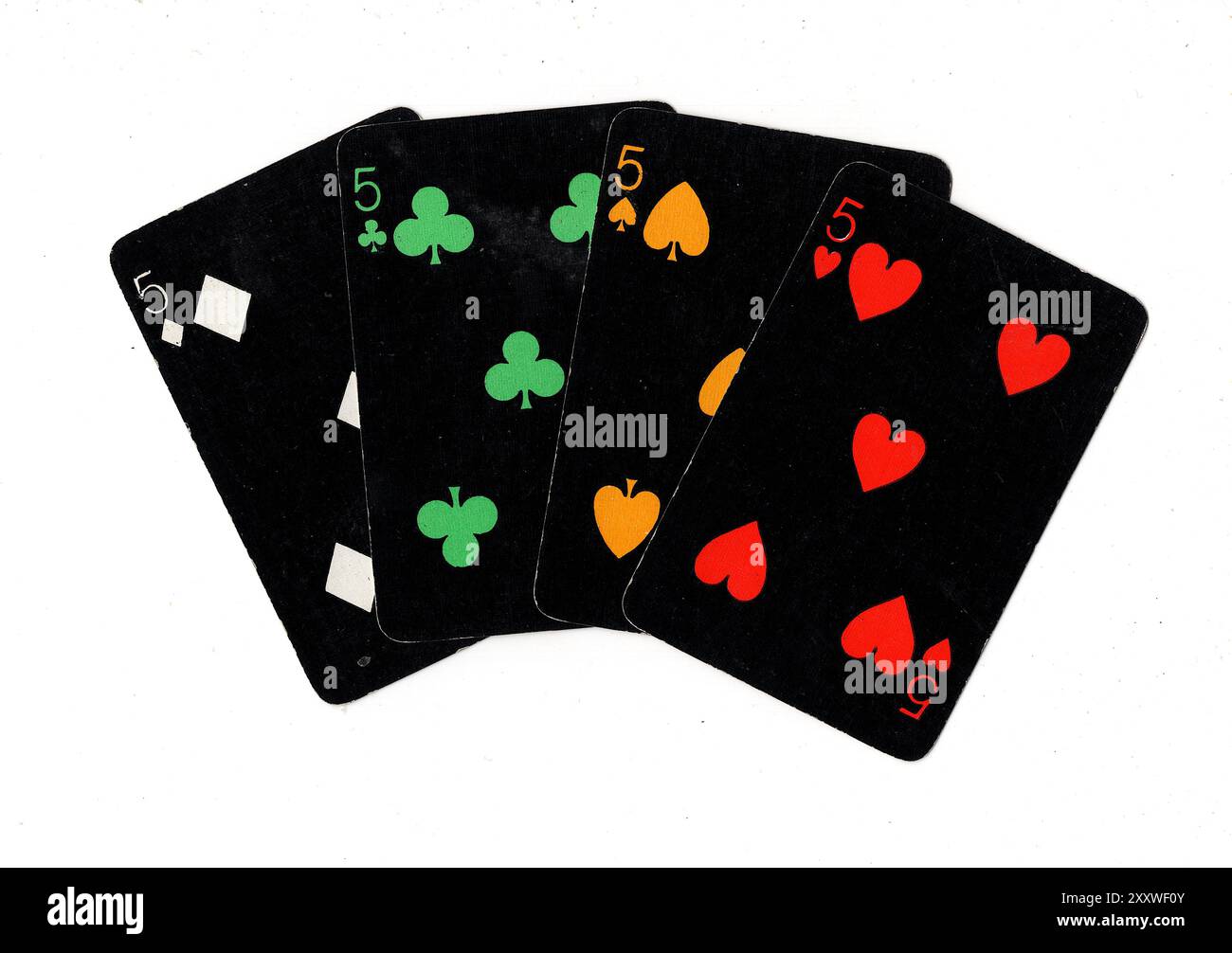 Vintage black playing cards showing four fives on a white background ...