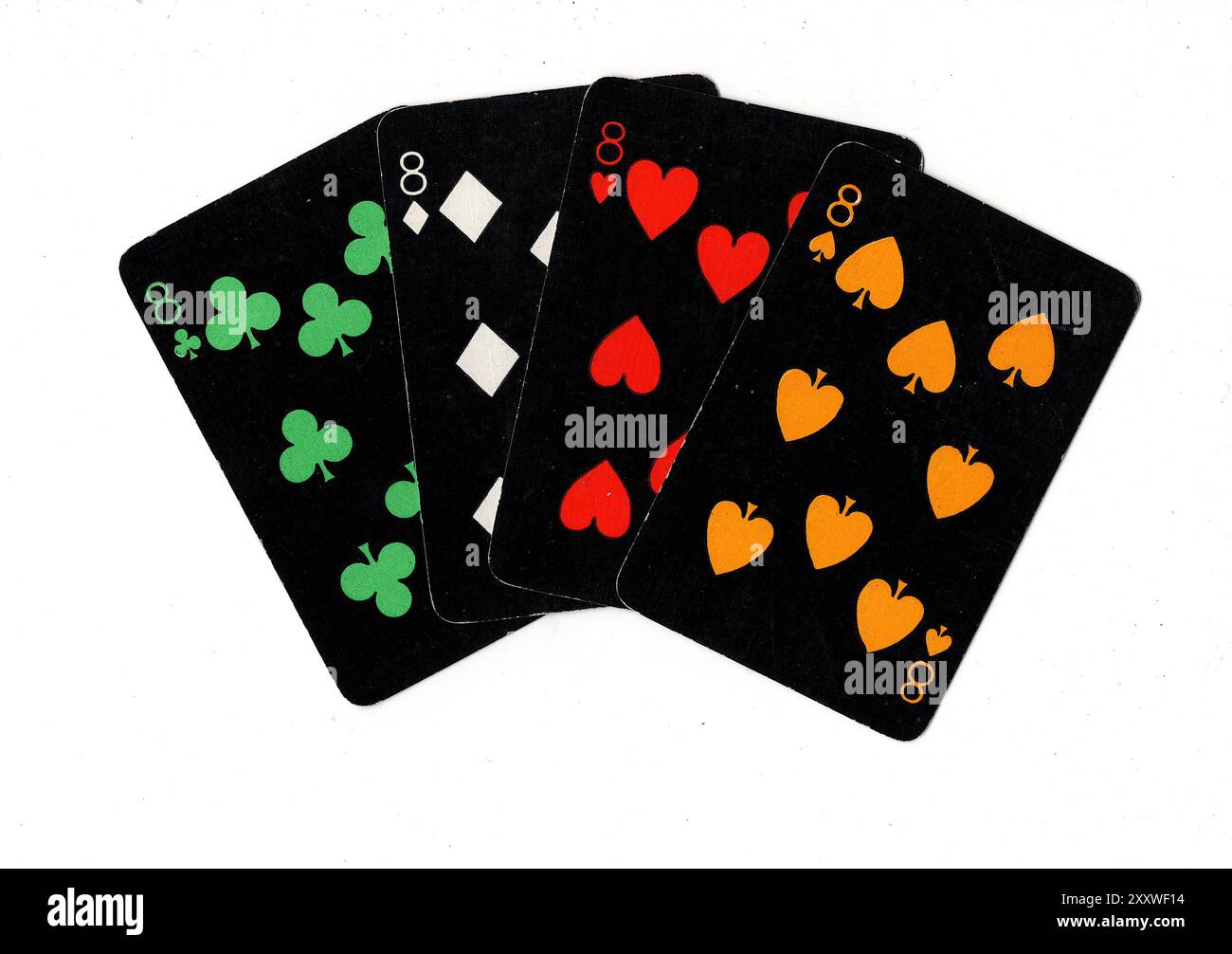Vintage black playing cards showing four eights on a white background ...