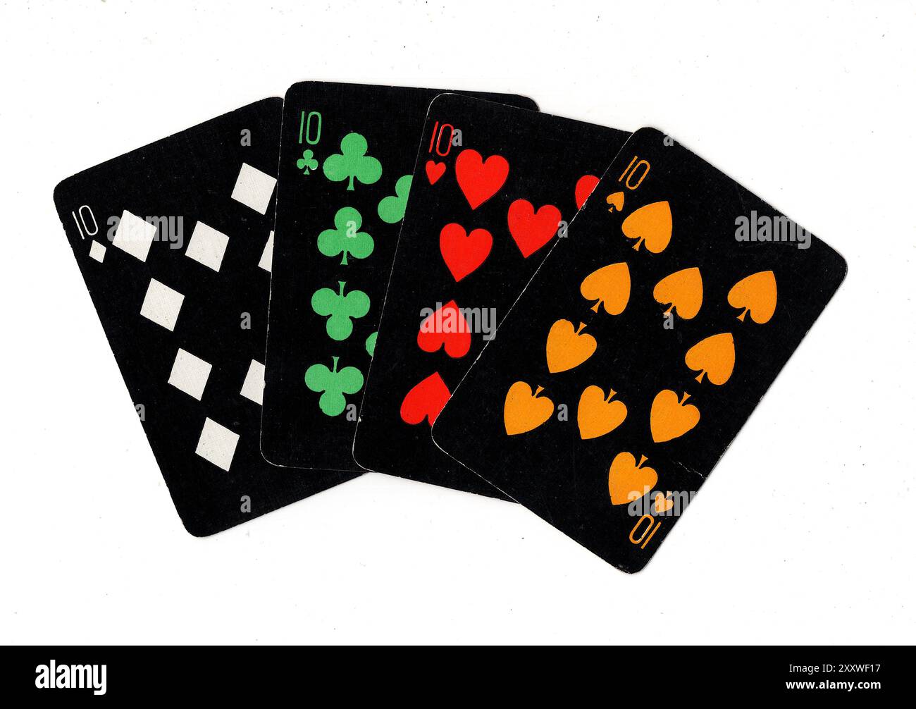 Vintage black playing cards showing four tens on a white background ...