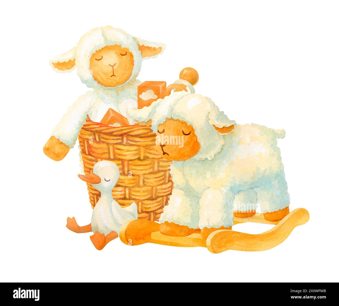 Watercolor composition of plush and wooden toys in wicker basket with ...