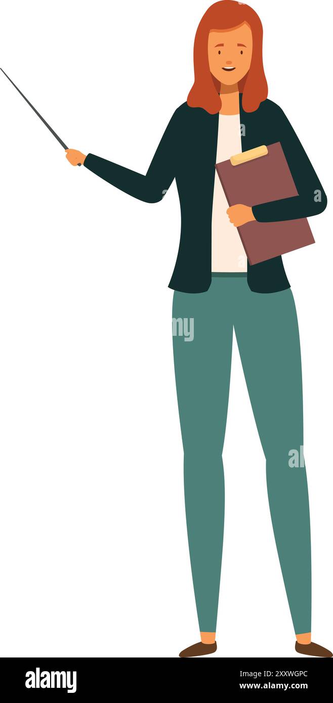 Smiling young woman teacher or professor is holding clipboard and ...