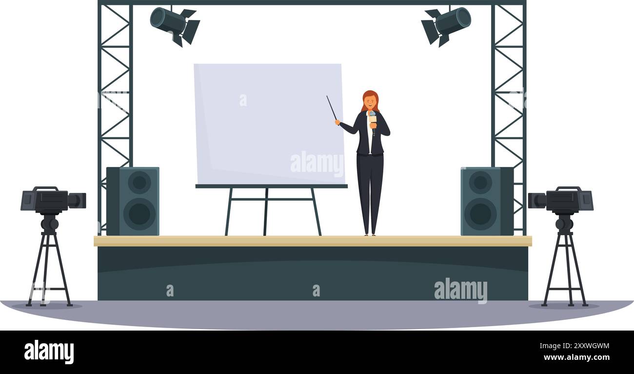 Female public speaker giving a speech on stage with microphone ...