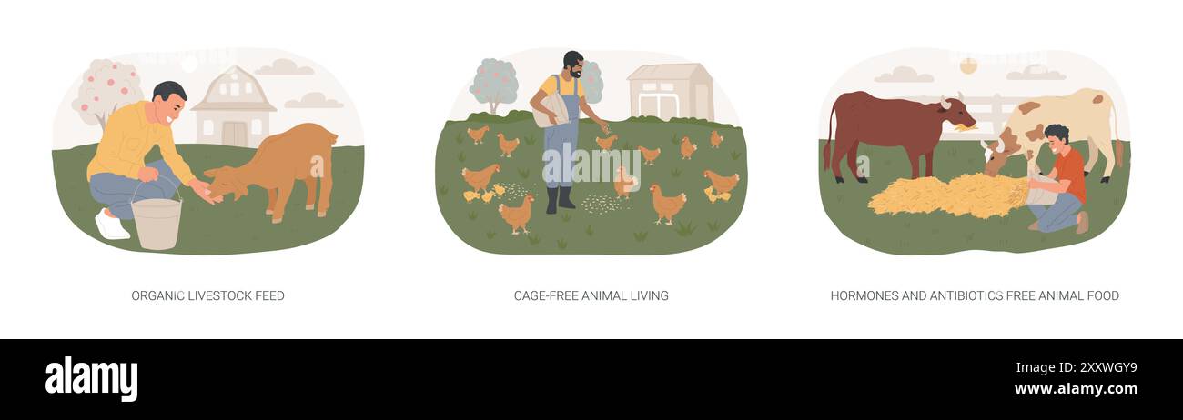 Organic livestock farming isolated cartoon vector illustrations se ...