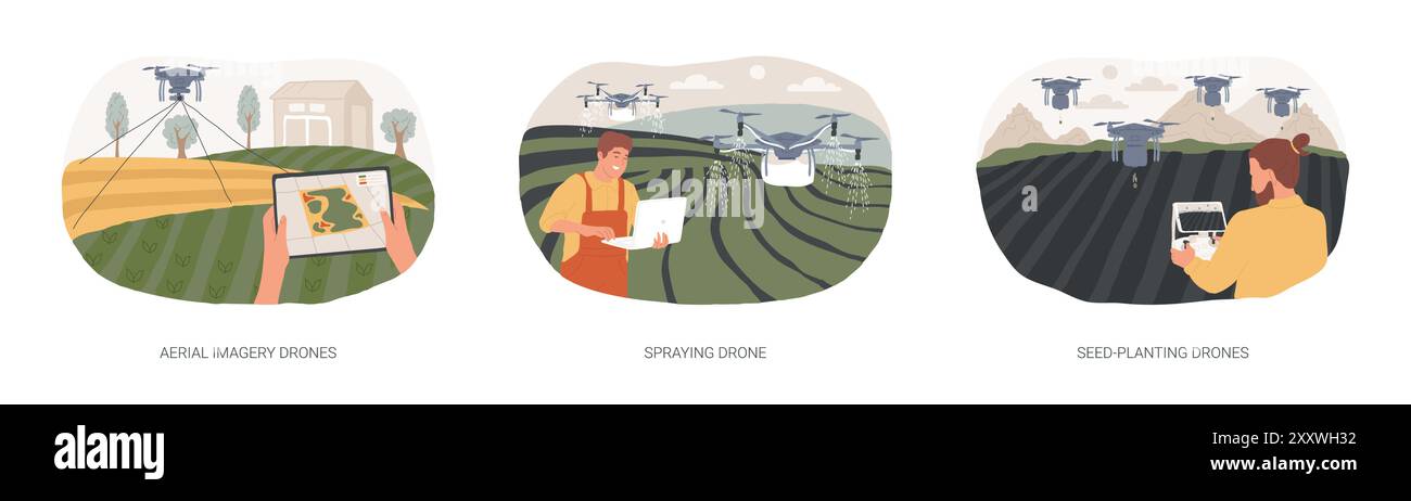 Agricultural drones isolated cartoon vector illustrations se Stock ...