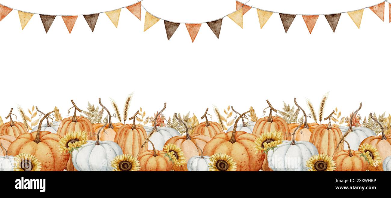 Pumpkin Banner watercolor illustration. Drawing of autumn frame with ...