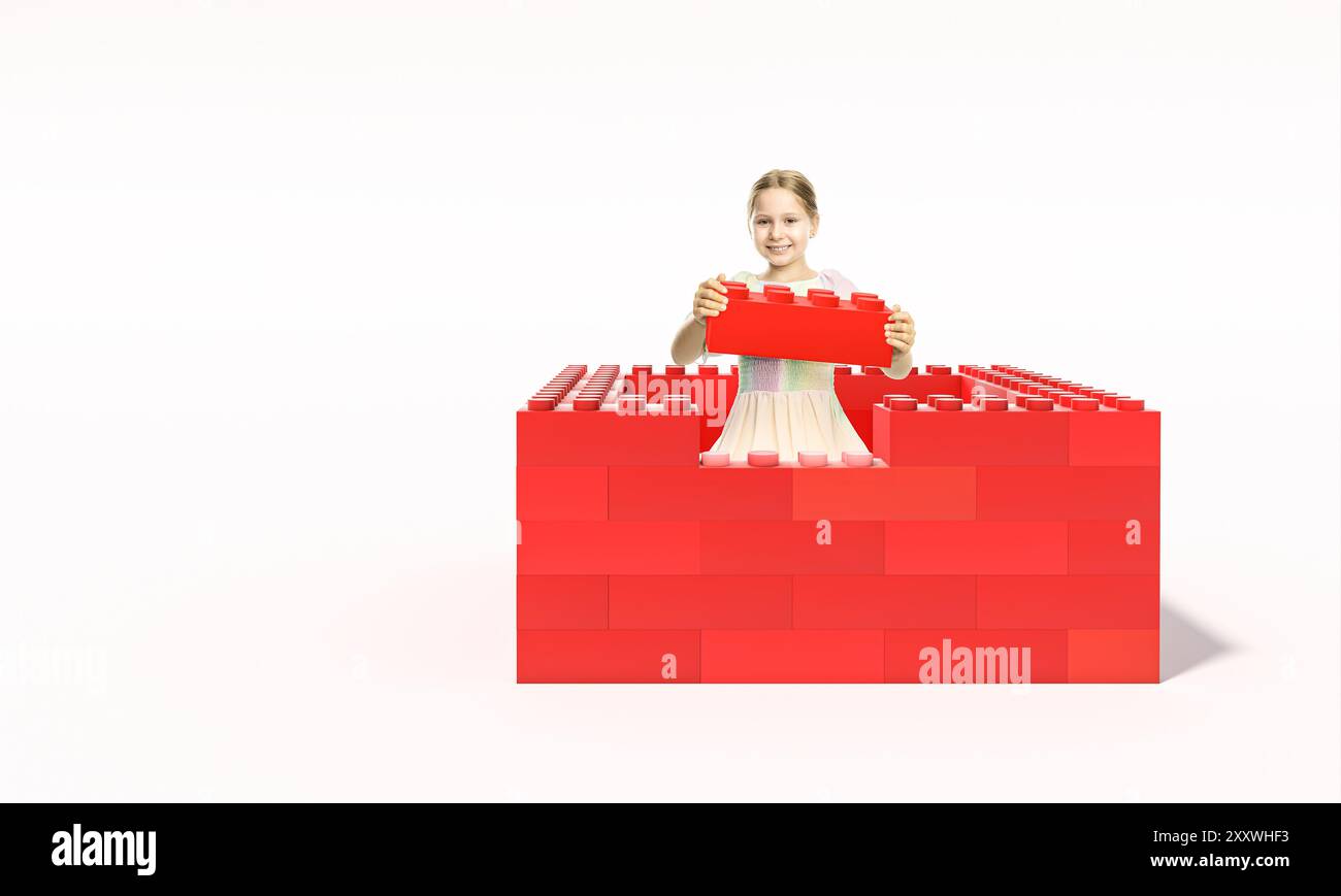 smiling Young girl building structure red toy blocks against white ...