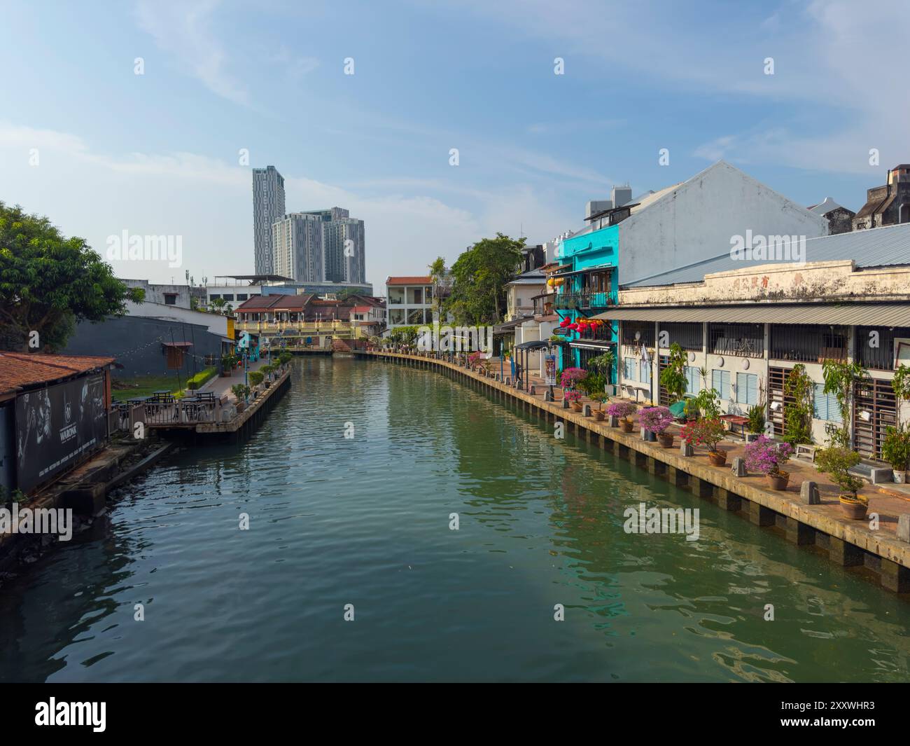 Malacca River from Jambatan Chan Koon Chen Bridge in city center of Melaka, Malaysia. Historic ...
