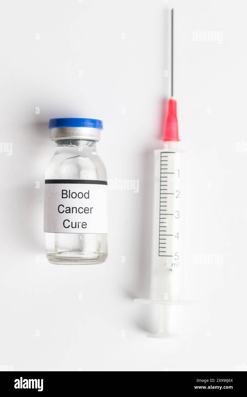 A Medical Vial with a label reading Blood Cancer Cure with a Syringe ...
