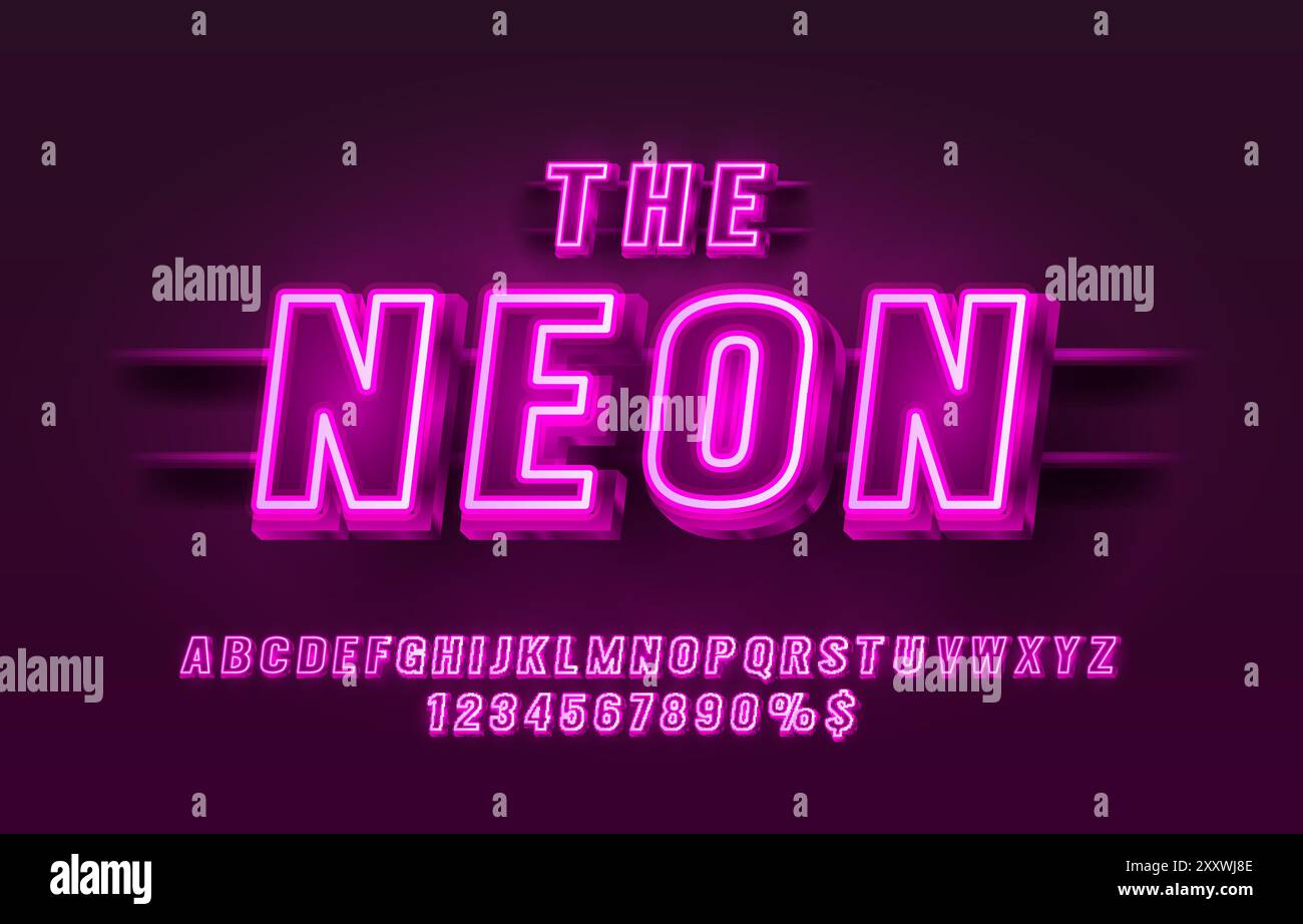 Neon city color purple font. English alphabet and numbers sign. Vector ...
