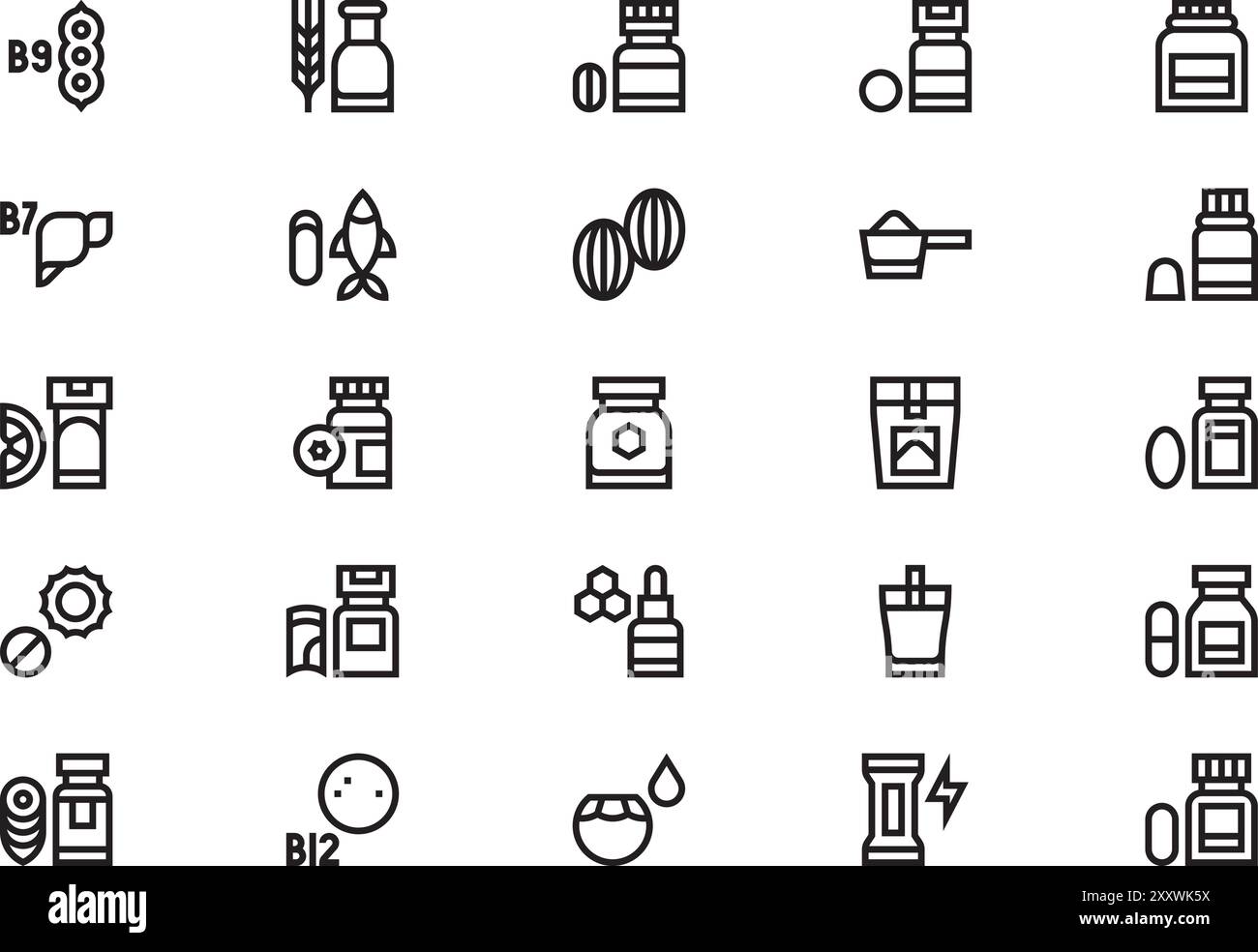 Nutritional supplements icons collection is a vector illustration with editable stroke Stock ...