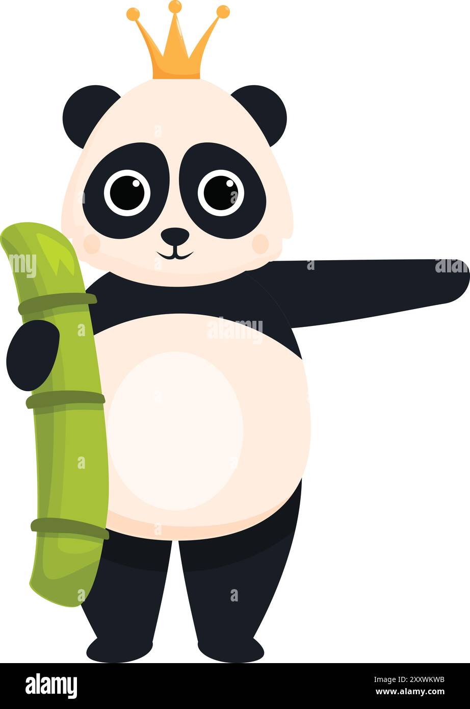 Cute panda bear character wearing golden crown holding bamboo stick ...