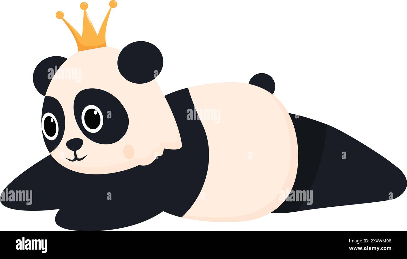 Cartoon panda bear wearing golden crown lying down and relaxing, funny ...