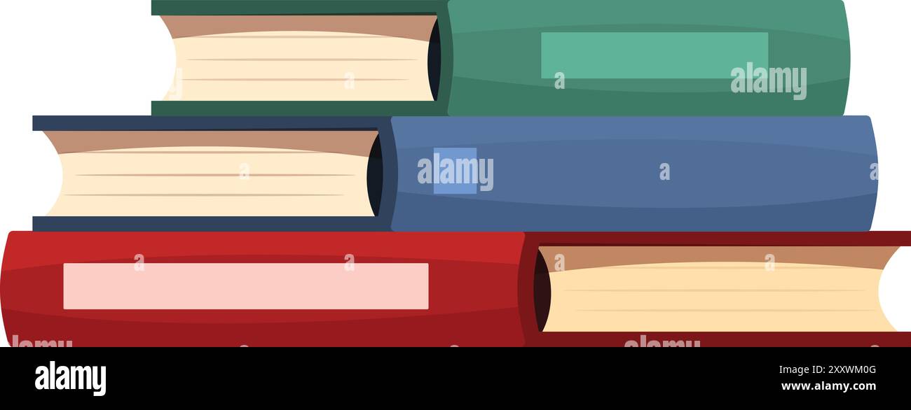 Four colorful books are laying on a white background, forming a stack ...