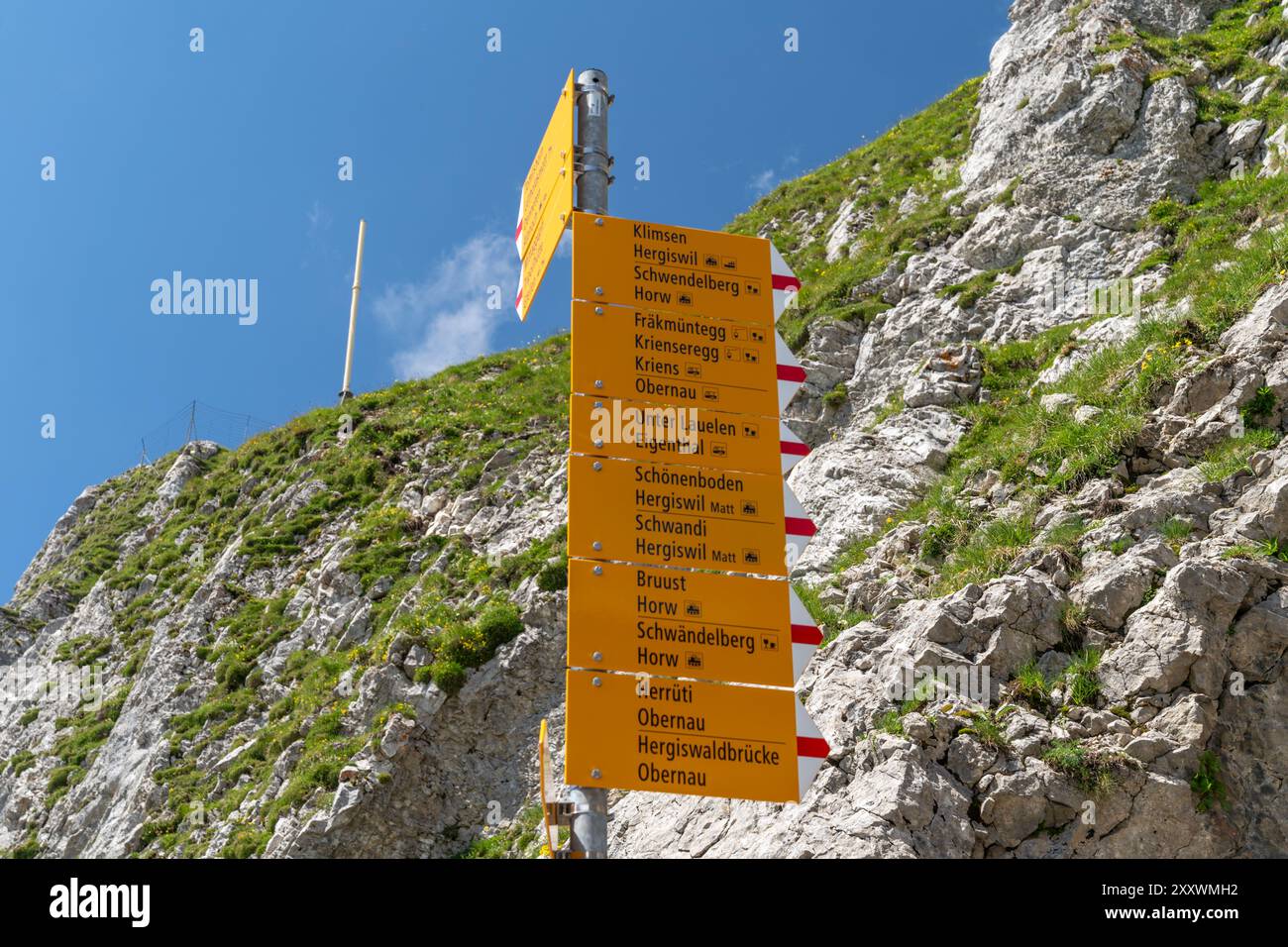 Various Hiking trails indicators on top of Mount Pilatus, signs ...