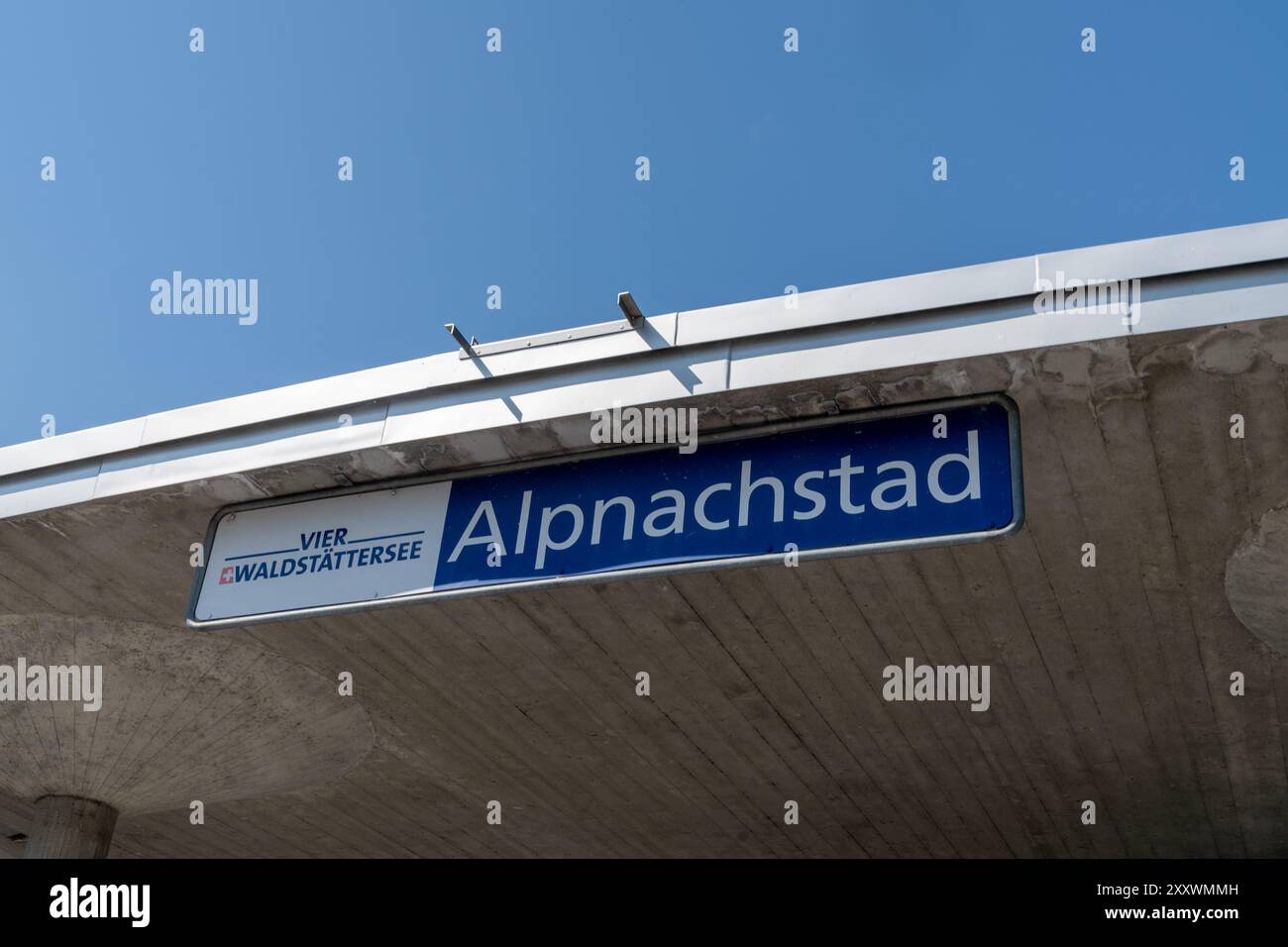 Sign for the ferry boat pier dock stop at Alpnachstad Switzerland. This ...