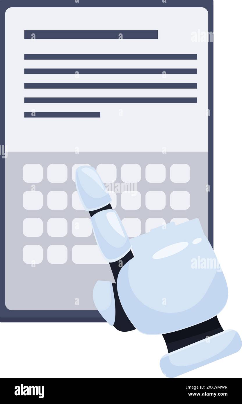 Robot hand is typing on digital tablet with text on screen Stock Vector ...
