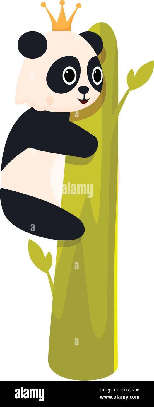 Cartoon panda bear with crown climbing bamboo tree, cute animal ...