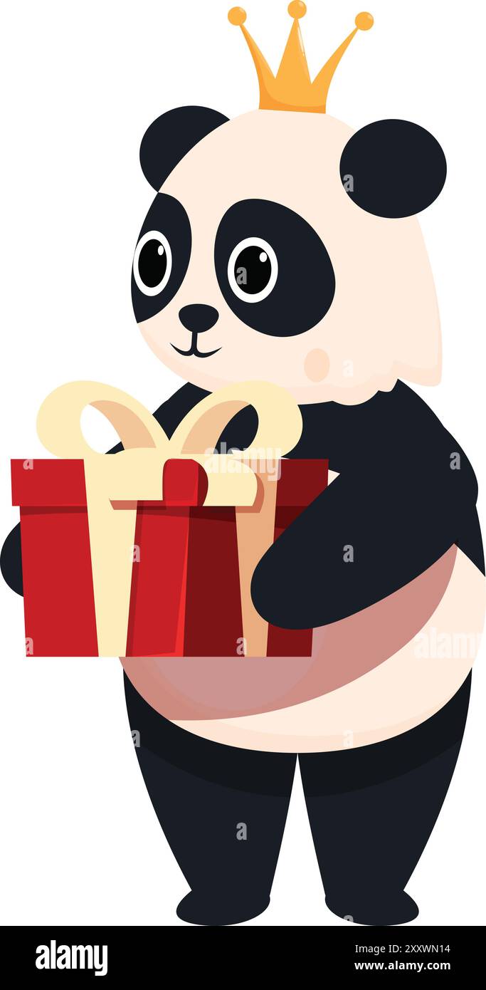 Cute cartoon panda bear wearing a gold crown holding a red gift box ...
