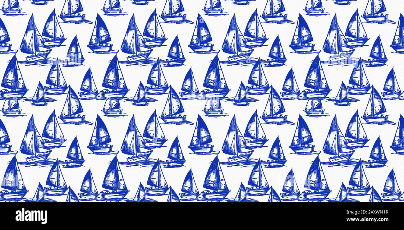 Coastal sail boat in azure ocean blue seamless border background ...