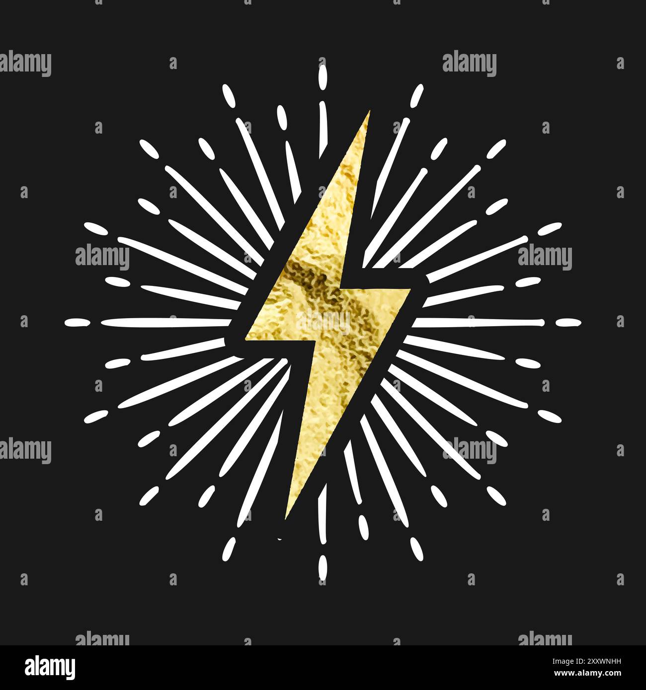 Vintage golden lightning bolt and sun rays. Gold foil texture ...