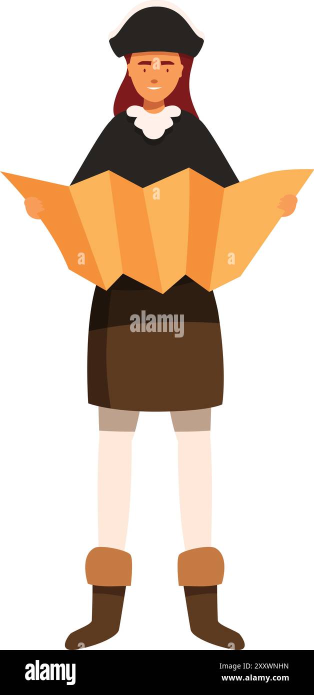 Young woman explorer is analyzing a map, wearing a historical costume ...