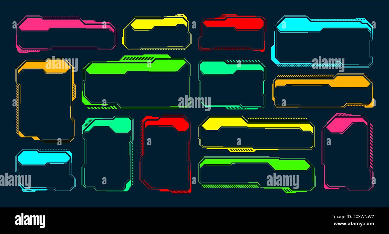 Futuristic HUD or UI elements. Sci-fi user interface text boxes, callouts. Colorful warning ...