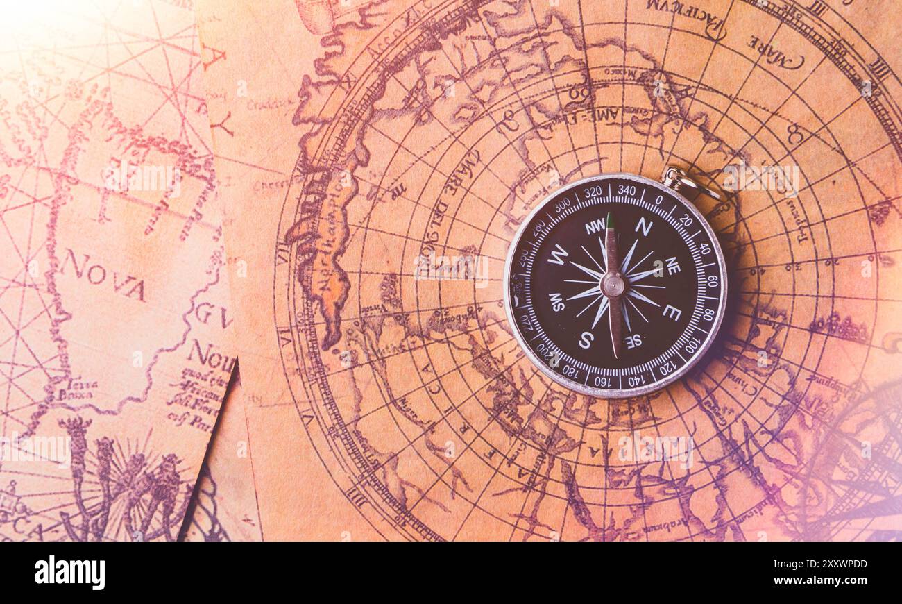 Looking for adventure. Compass and maps. Treasure map and path to the ...