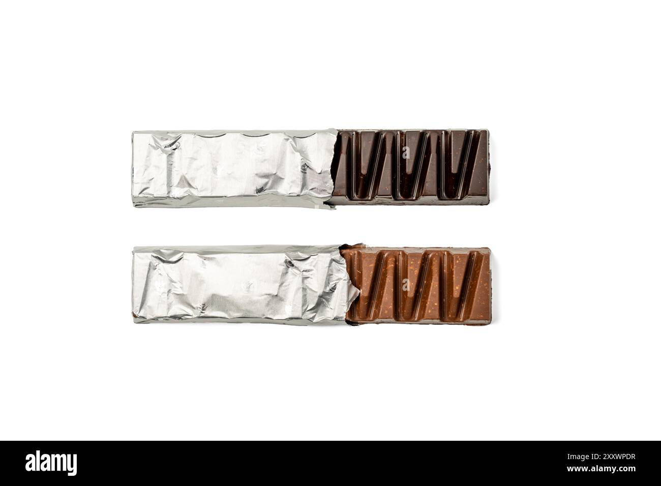 Two chocolate bars with foil wrappers on them. One is white and the ...