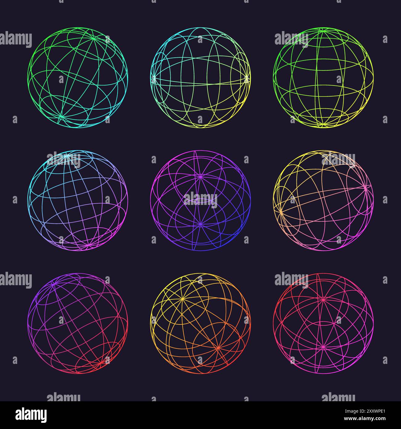 Neon wireframe shapes, lined sphere. Perspective mesh, 3d grid. Low ...