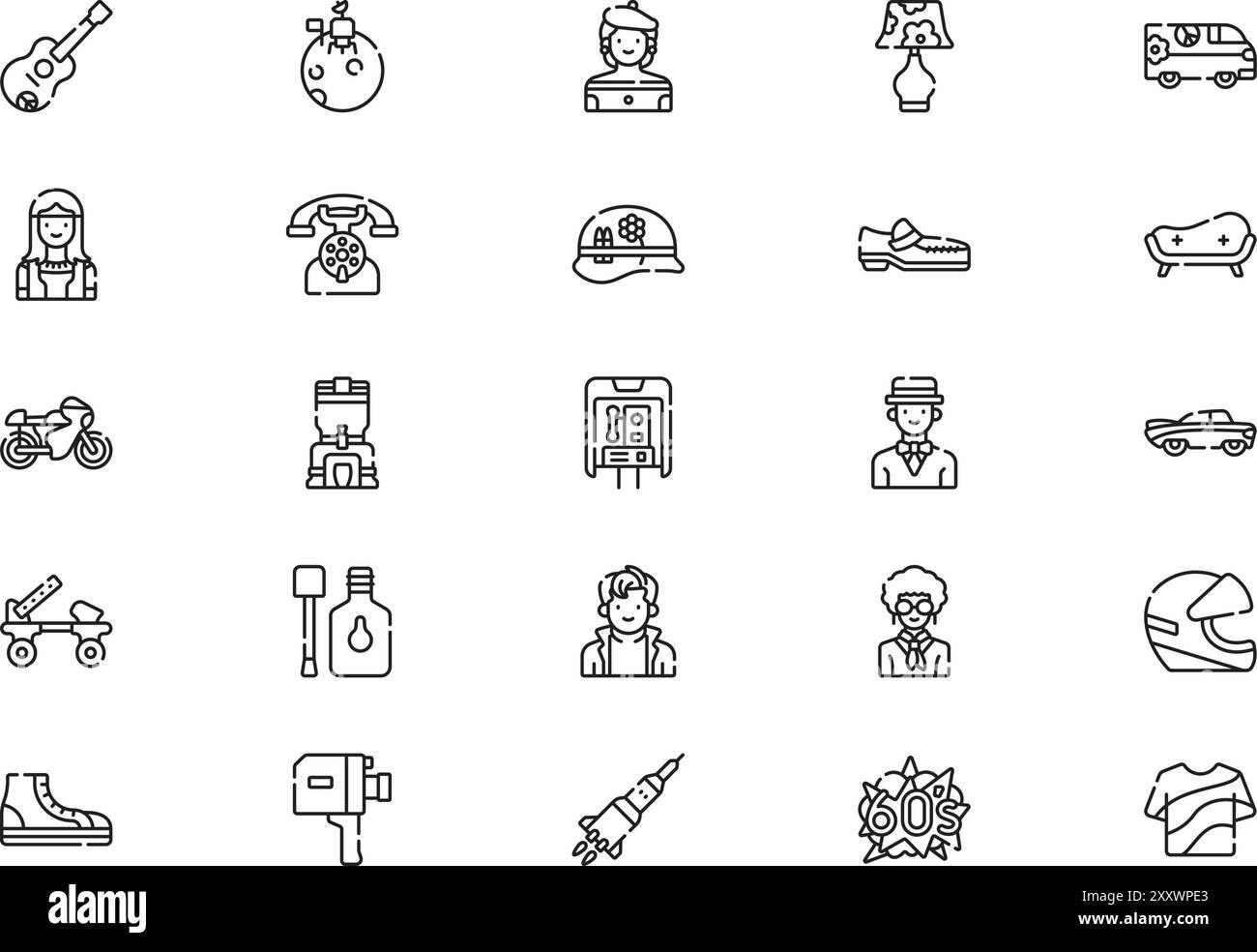 Sixties icons collection is a vector illustration with editable stroke ...