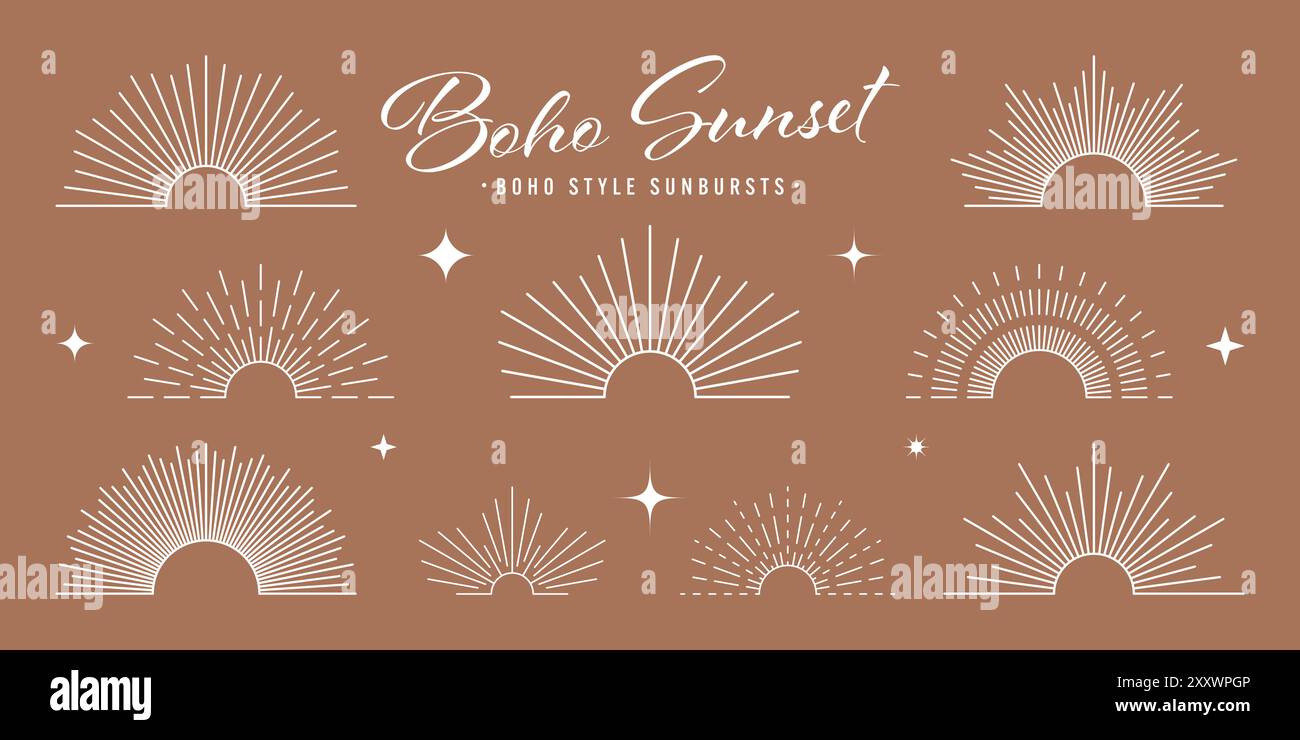 Vintage sunburst, sunset beams, half circle sunrise. Boho style, modern ...