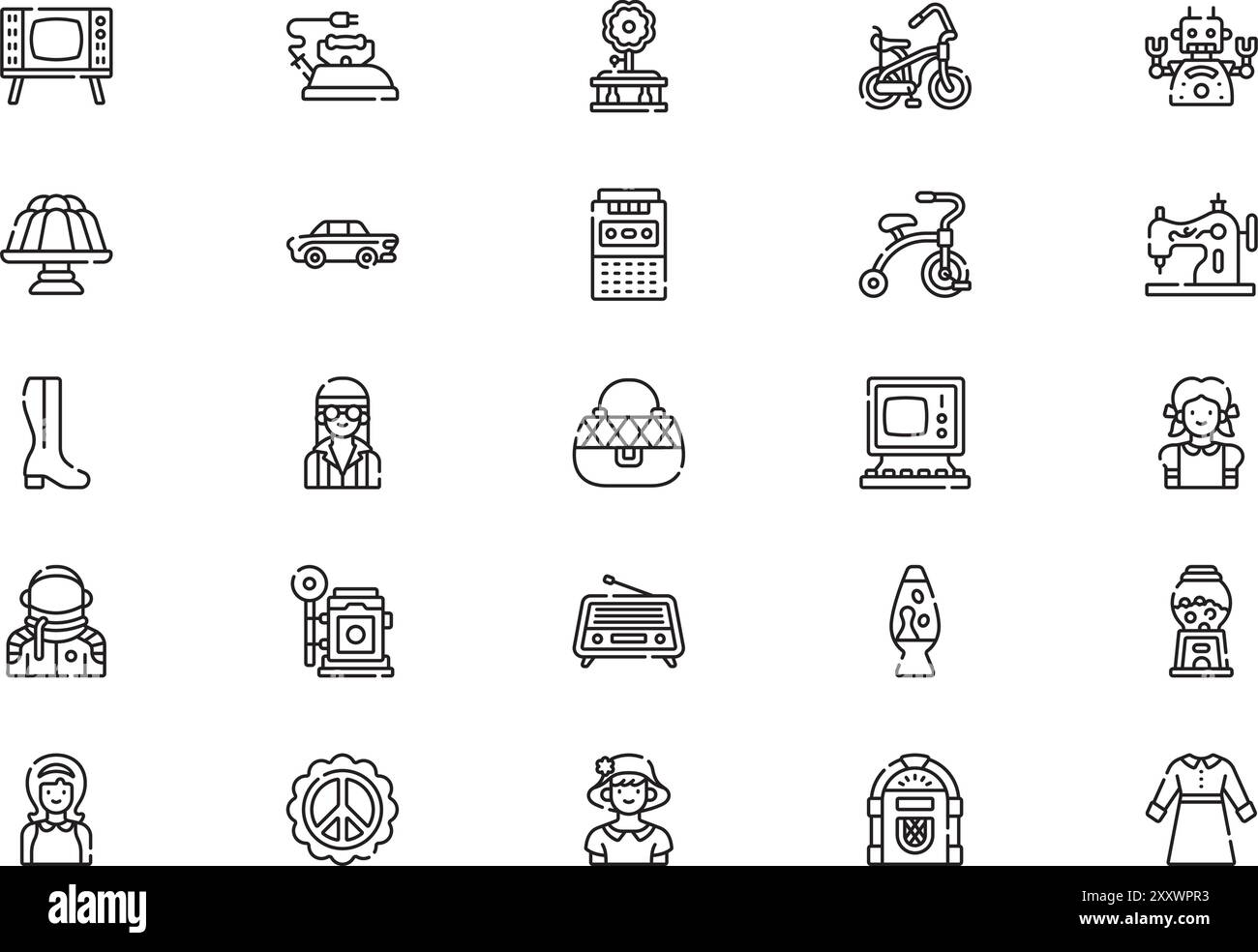 Sixties icons collection is a vector illustration with editable stroke ...