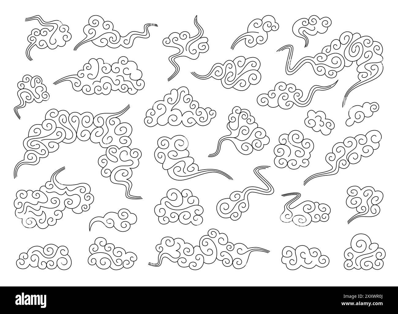 Cute simple cumulus clouds Japanese engraving style. Oriental vintage ...