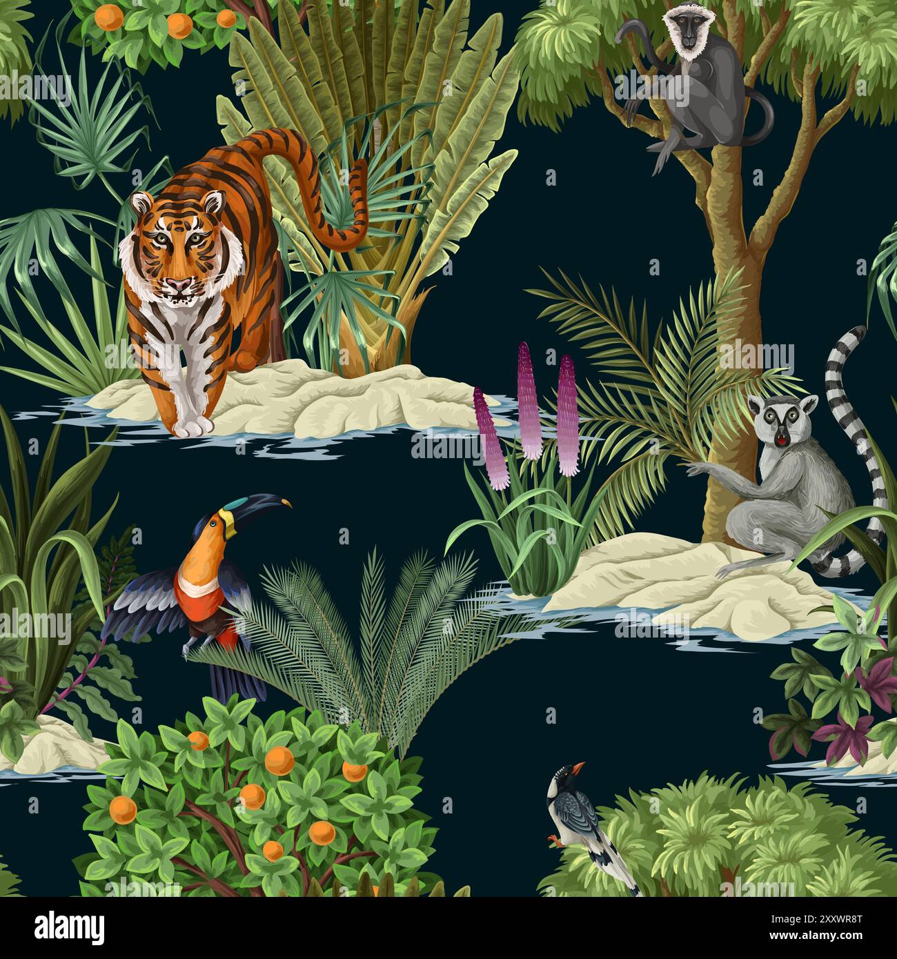 Seamless kids pattern with jungle trees and animals. Vector Stock ...