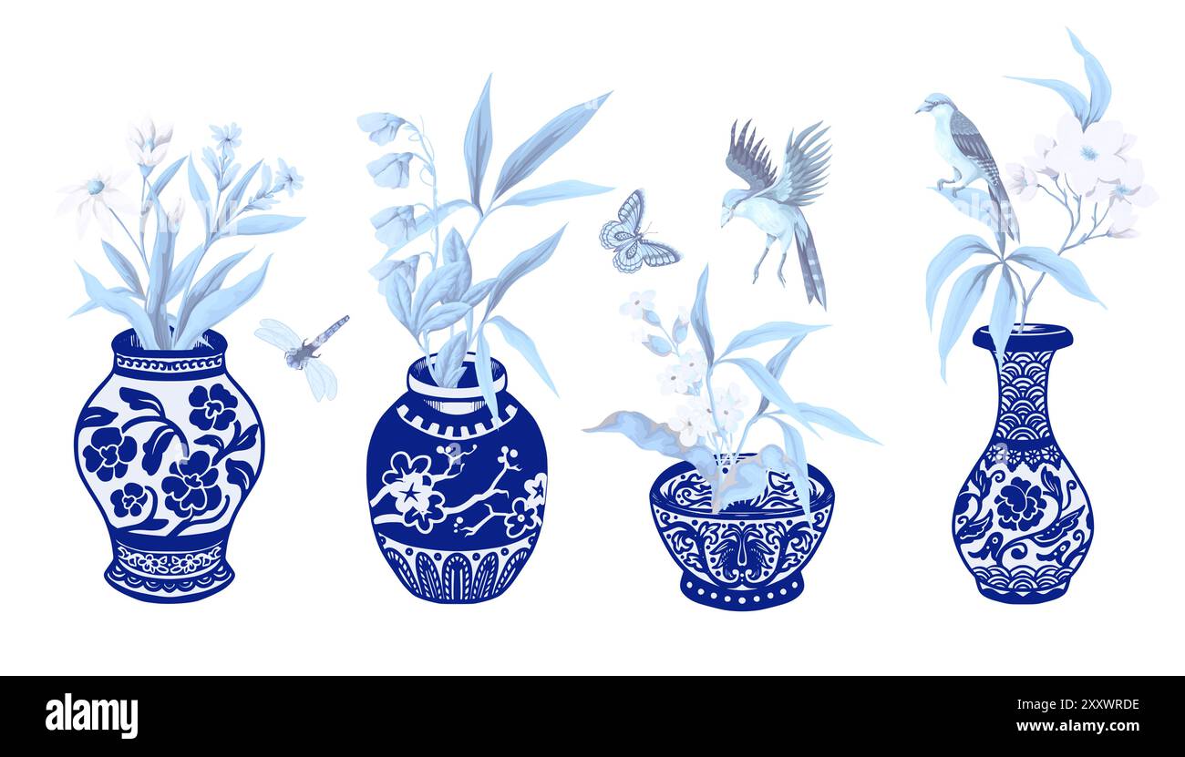 Chinese blue vases and flowers isolated. Vector Stock Vector Image ...