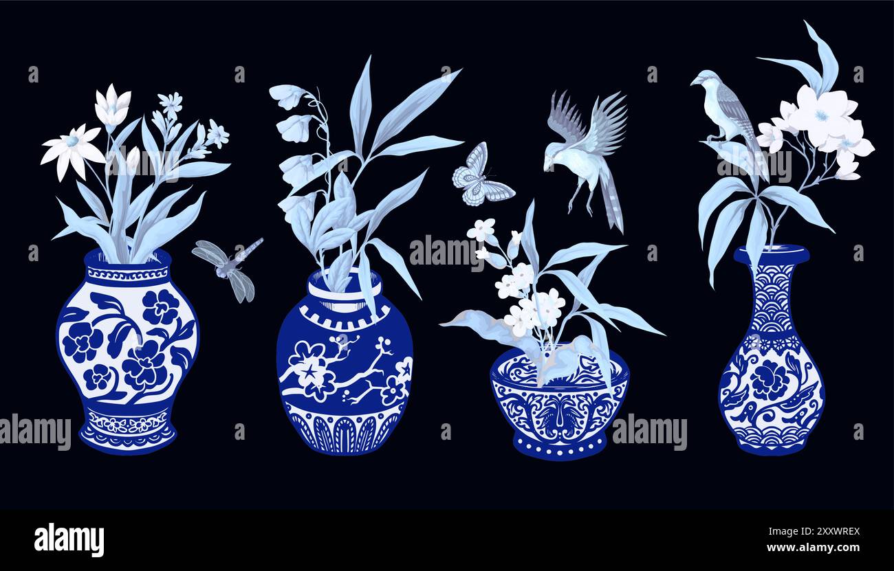 Chinese blue vases and flowers isolated. Vector Stock Vector Image ...
