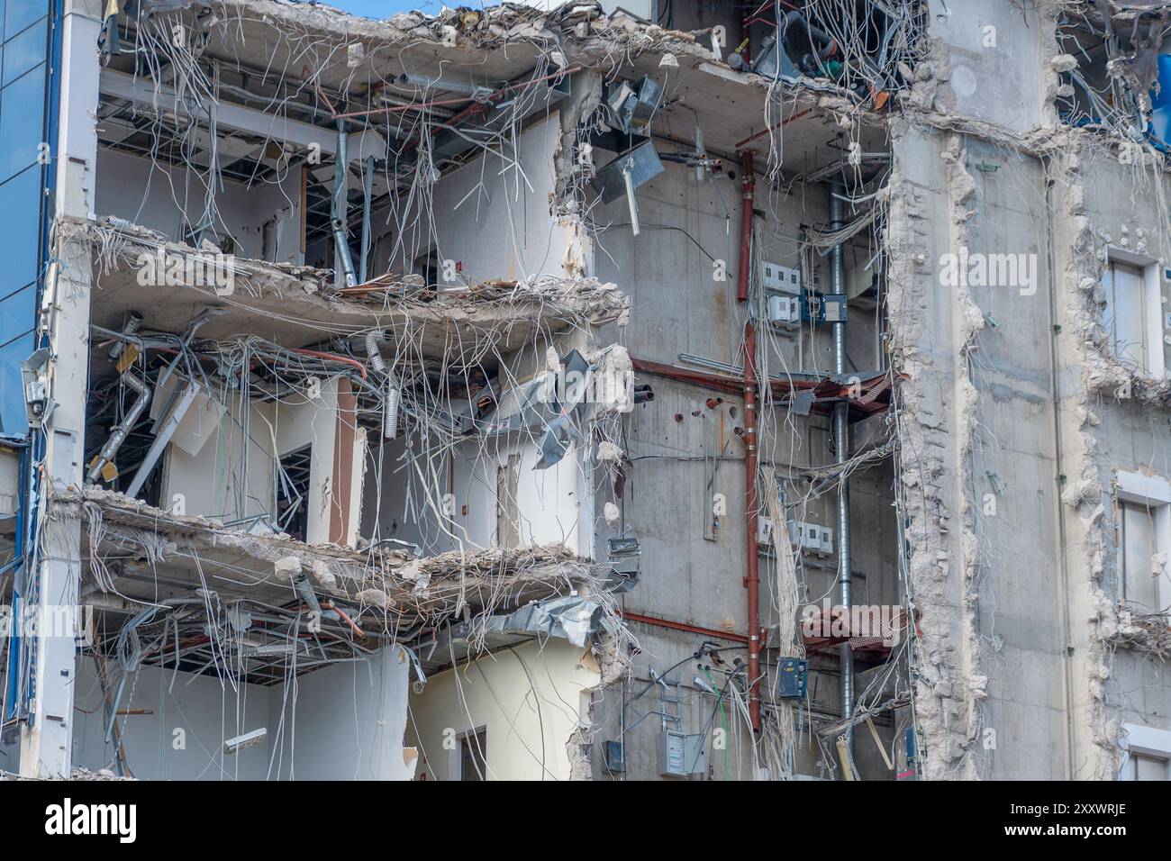 Demolition of a building, close-up. The wreckage of a demolished ...