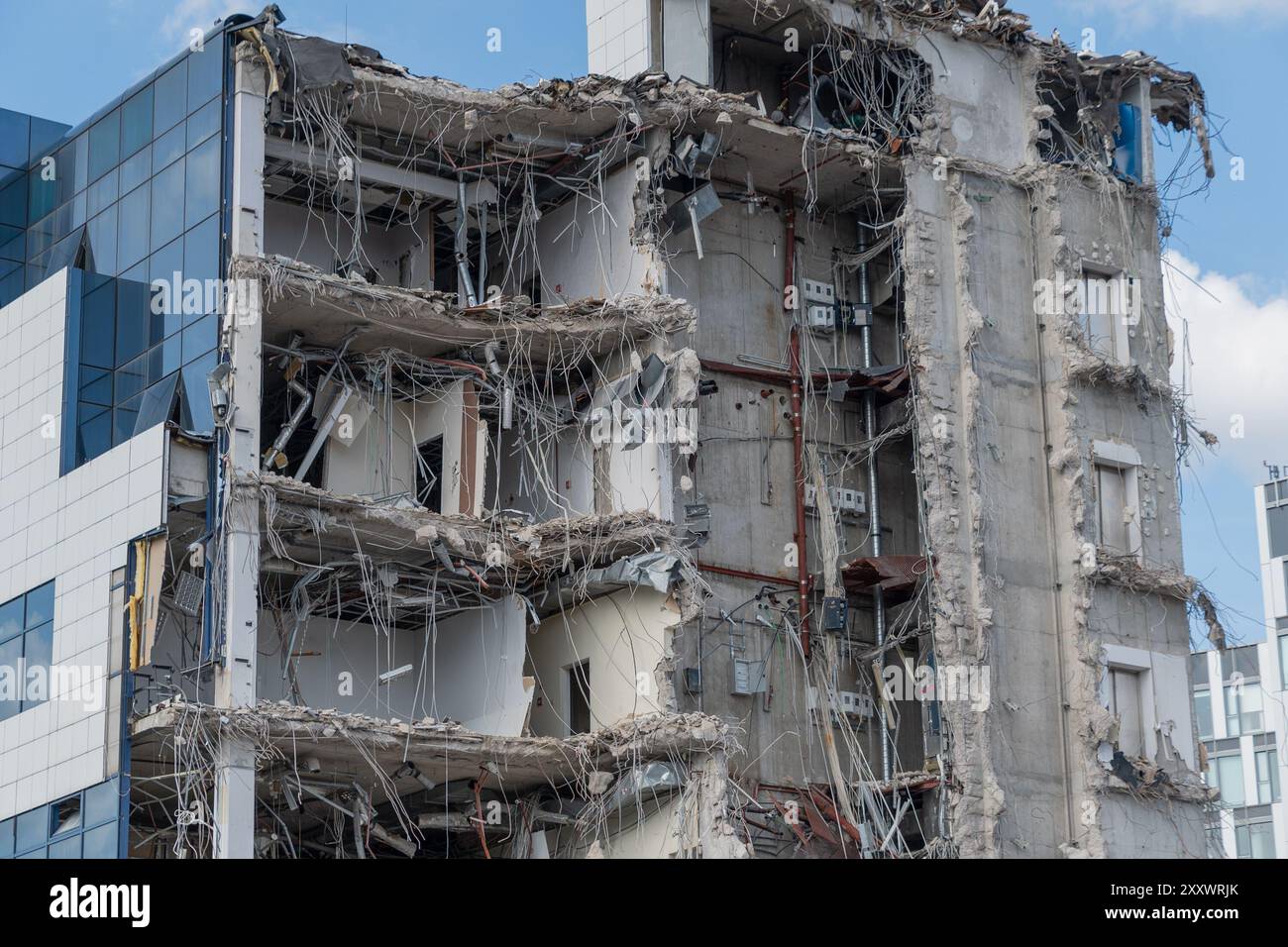 Demolition of a building, close-up. The wreckage of a demolished ...
