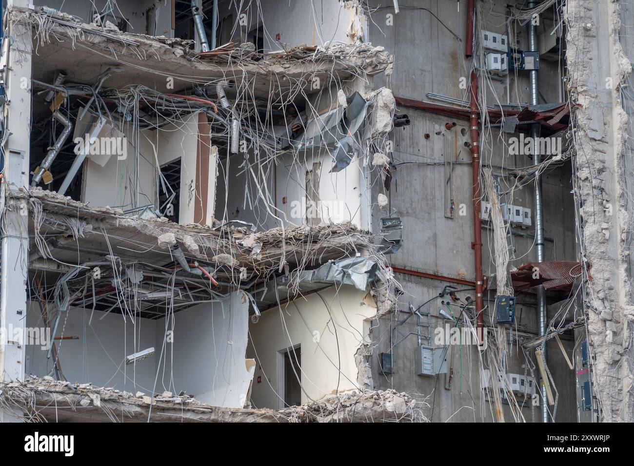 Demolition of a building, close-up. The wreckage of a demolished ...