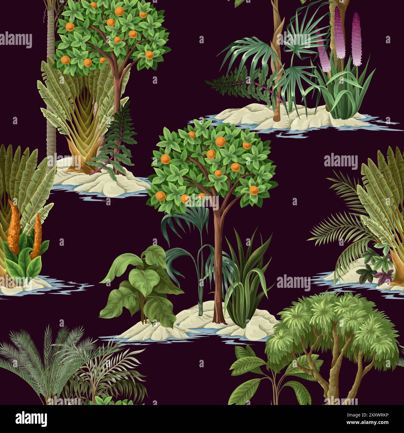 Seamless pattern with jungle trees and flowers for kids wallpapers ...