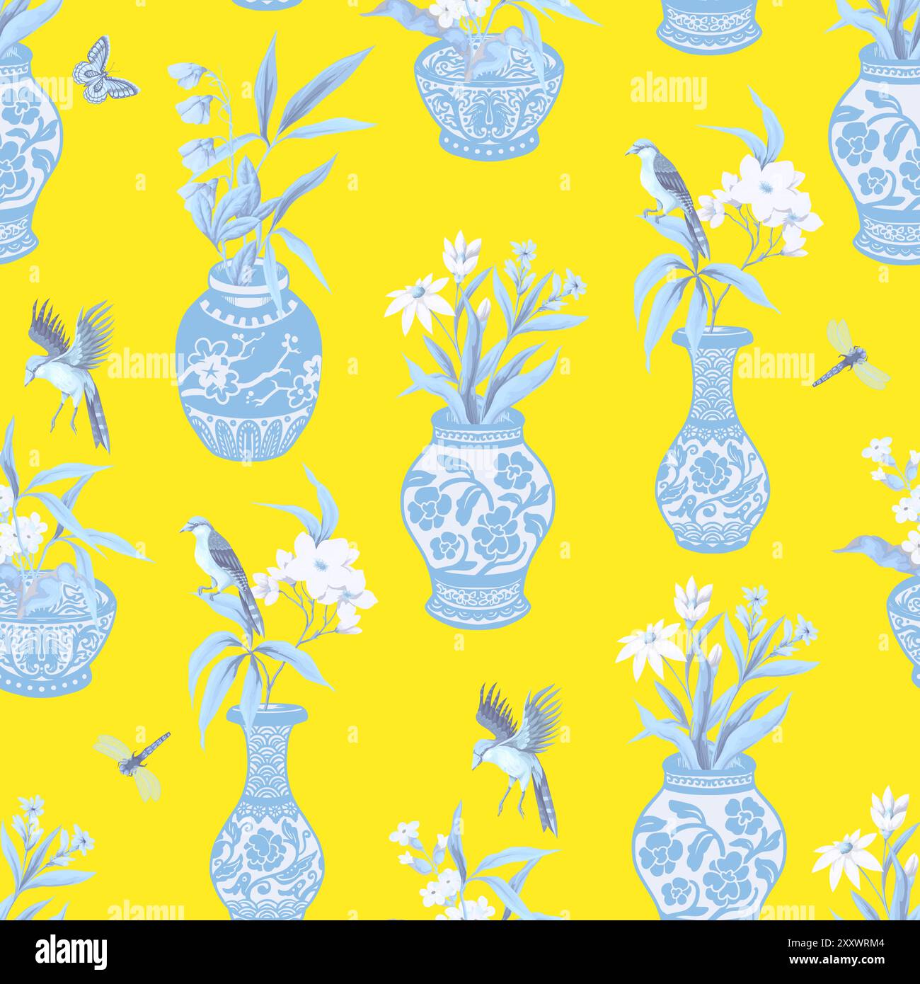 Seamless pattern with Chinese blue vases and flowers. Vector Stock ...