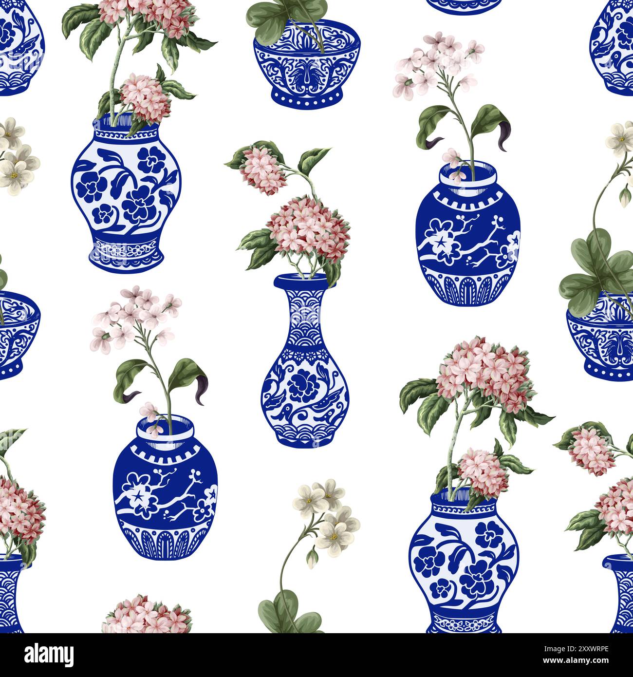 Seamless pattern with Chinese blue vases and flowers. Vector Stock ...