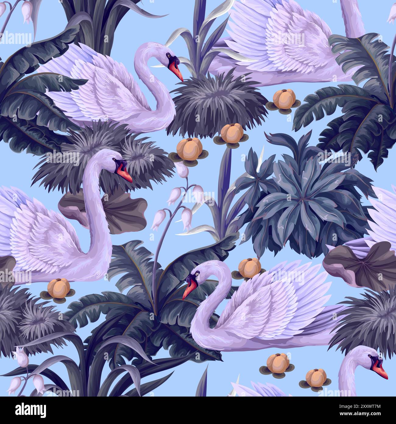 Seamless pattern with white swan and plants. Vector Stock Vector Image ...