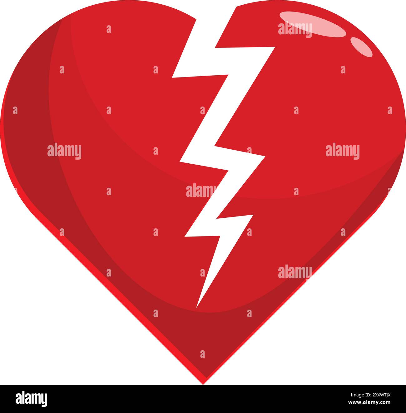 Red heart is being split by a lightning bolt, representing a sudden and ...