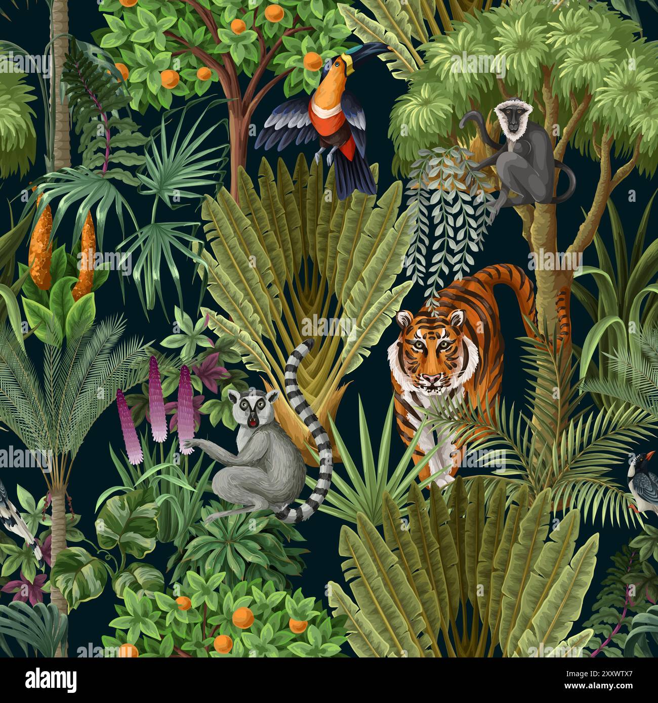 Seamless kids pattern with jungle trees and animals. Vector Stock ...